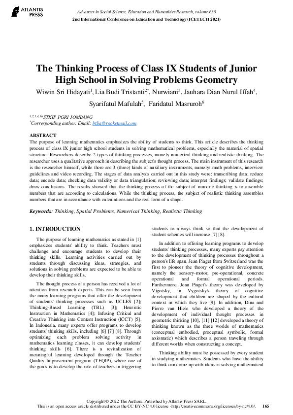 (PDF) The Thinking Process of Class IX Students of Junior High School in Solving Problems Geometry
