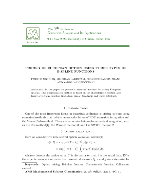 Pdf Pricing Of European Option Using Three Types Of B Spline Functions