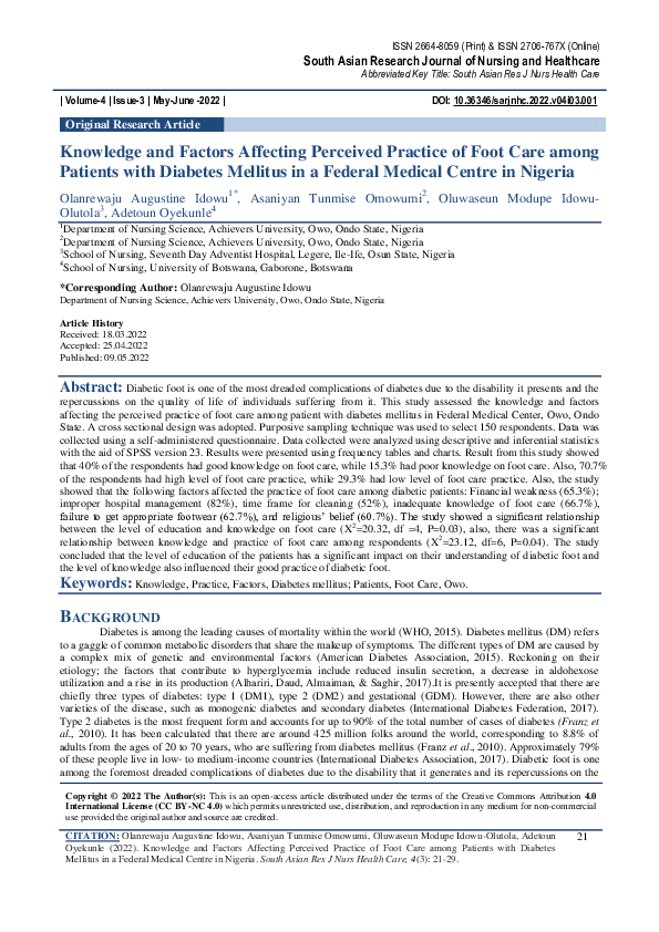 (PDF) Knowledge and Factors Affecting Perceived Practice of Foot Care ...