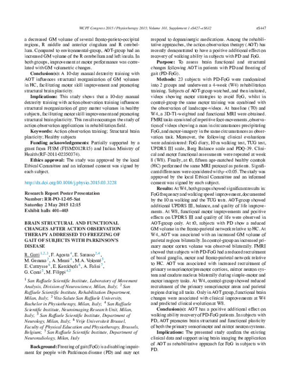 (PDF) Brain structural and functional changes after action observation therapy addressed to ...