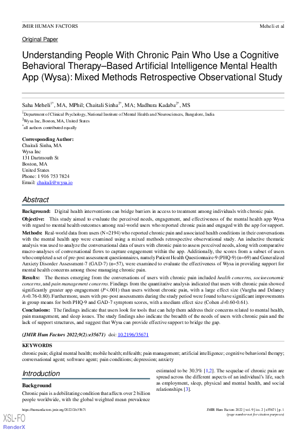 (PDF) Understanding People With Chronic Pain Who Use a Cognitive Behavioral Therapy-Based ...