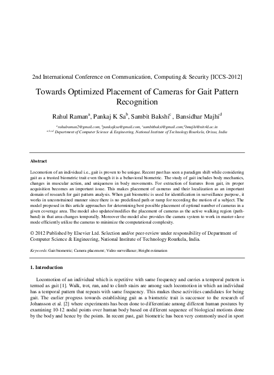 Towards Optimized Placement of Cameras for Gait Pattern Recognition