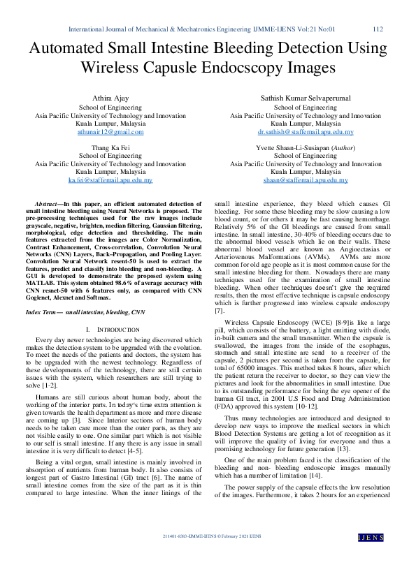 Pdf Automated Small Intestine Bleeding Detection Using Wireless