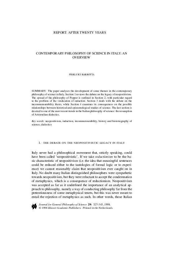 (PDF) Contemporary Philosophy of Science in Italy: An Overview