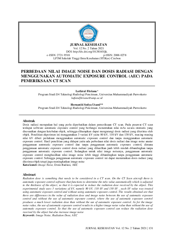 Pdf Perbedaan Nilai Image Noise Dan Dosis Radiasi Dengan Menggunakan Automatic Exposure