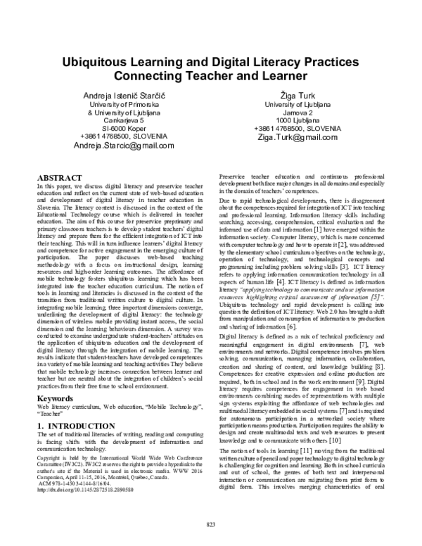 (PDF) Ubiquitous Learning and Digital Literacy Practices Connecting Teacher and Learner | Žiga ...