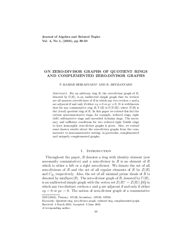 (PDF) On zero-divisor graphs of quotient rings and complemented zero ... (PDF) On zero-divisor graphs of quotient rings and complemented zero ...