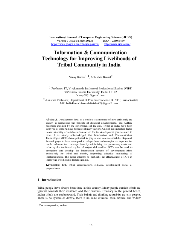 (PDF) Information & Communication Technology for Improving Livelihoods of Tribal Community in India