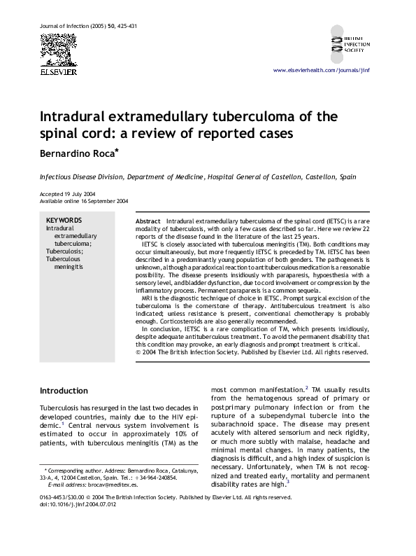 (PDF) Intradural extramedullary tuberculoma of the spinal cord: a ...