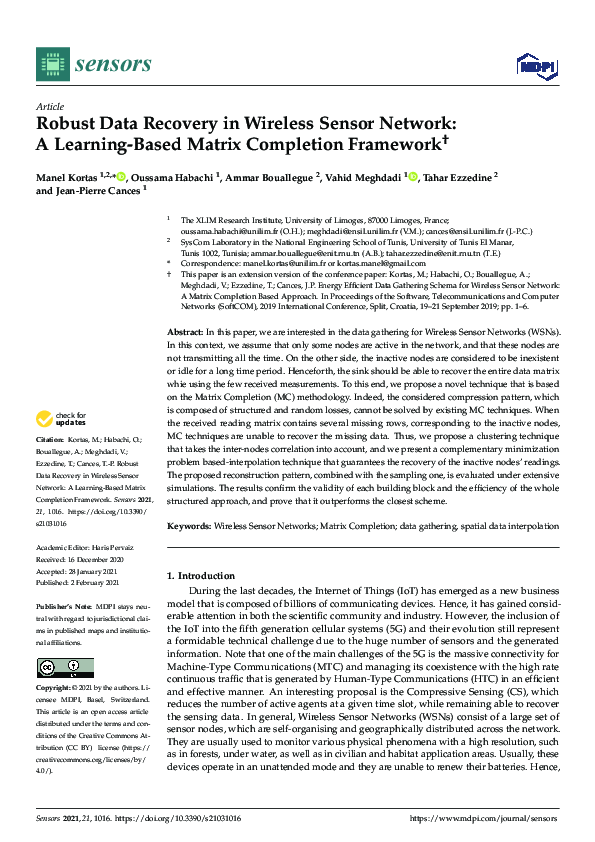 (PDF) Robust Data Recovery in Wireless Sensor Network: A Learning-Based Matrix Completion Framework