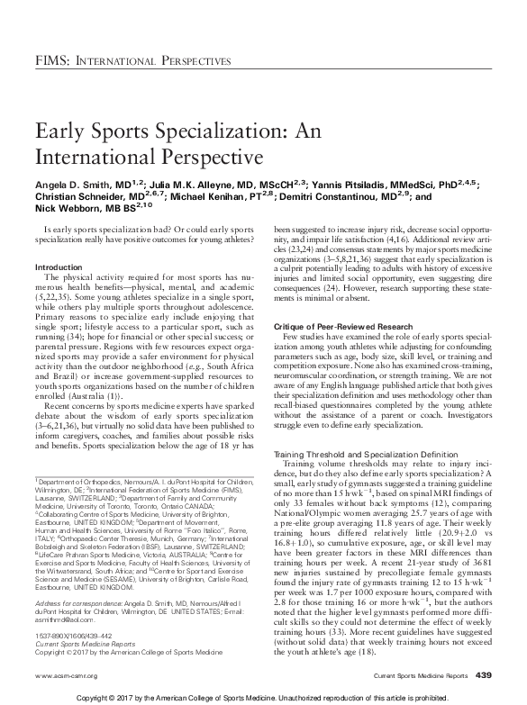 (PDF) Early Sports Specialization: An International Perspective
