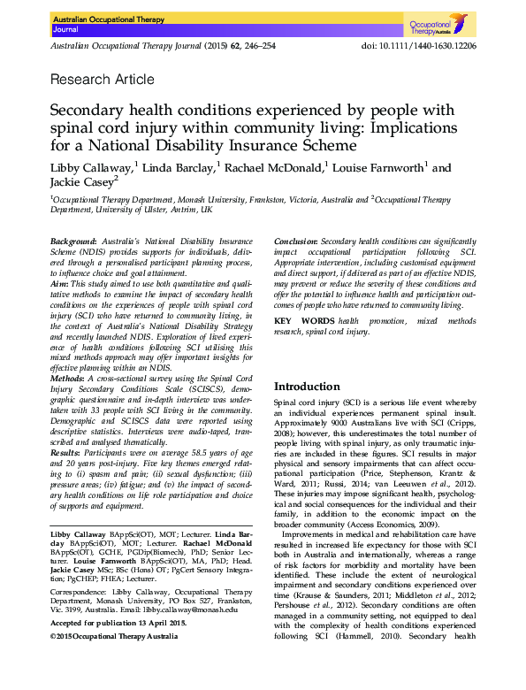 (PDF) Secondary health conditions experienced by people with spinal ...