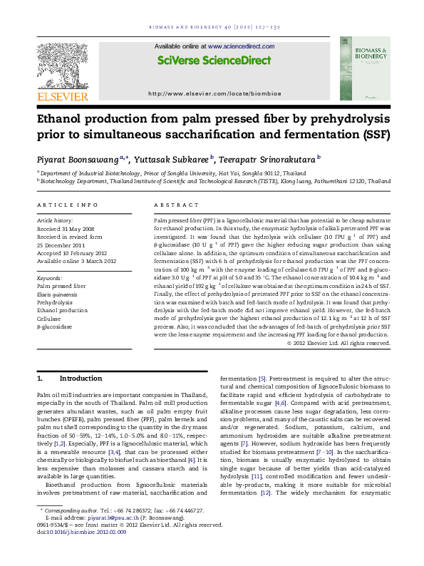 (PDF) Ethanol production from palm pressed fiber by prehydrolysis prior ...