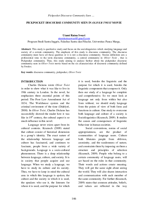 (PDF) Pickpocket Discourse Community Seen in Oliver Twist Movie
