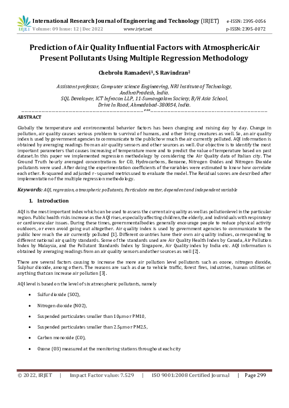 (PDF) Prediction of Air Quality Influential Factors with Atmospheric Air Present Pollutants ...