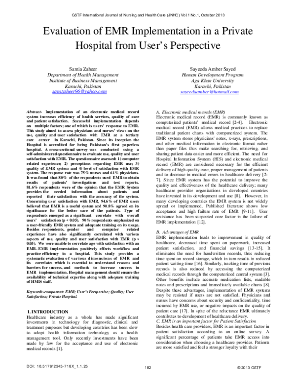 (PDF) Evaluation of EMR Implementation in a Private Hospital from User ...