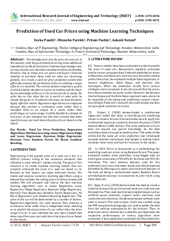 (PDF) Prediction of Used Car Prices using Machine Learning Techniques