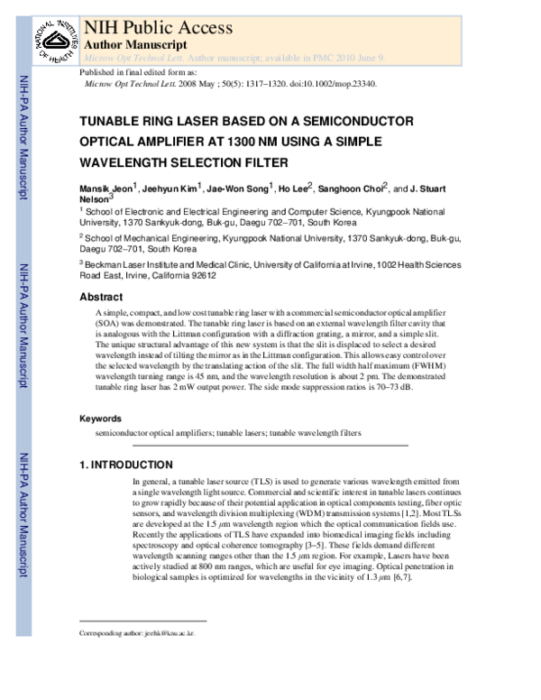 (PDF) Tunable ring laser based on a semiconductor optical amplifier at 1300 nm using a simple ...