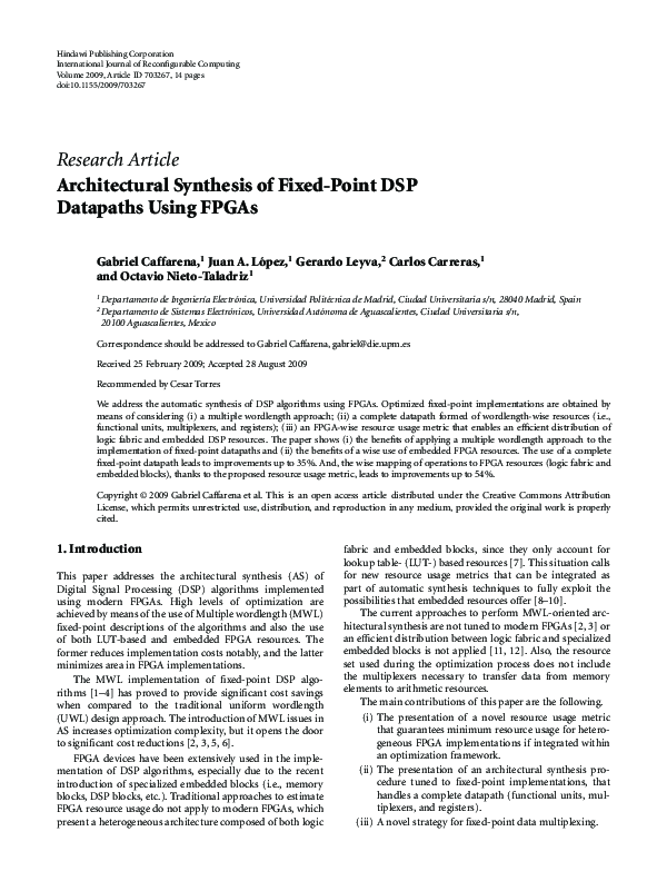 (PDF) Architectural Synthesis of Fixed-Point DSP Datapaths Using FPGAs | caffarena gabriel ...