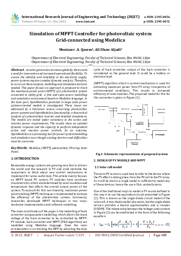 (PDF) Simulation of MPPT Controller for photovoltaic system Grid ...