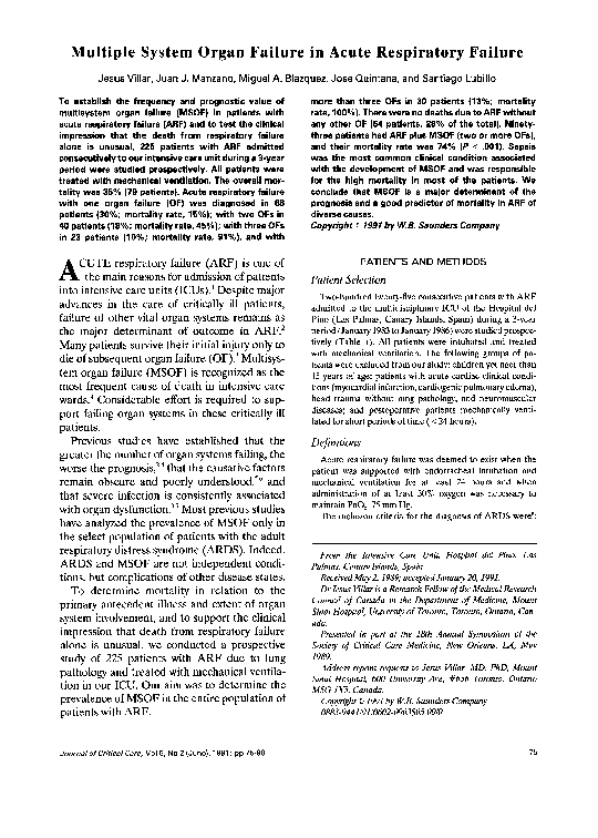 (PDF) Multiple system organ failure in acute respiratory failure