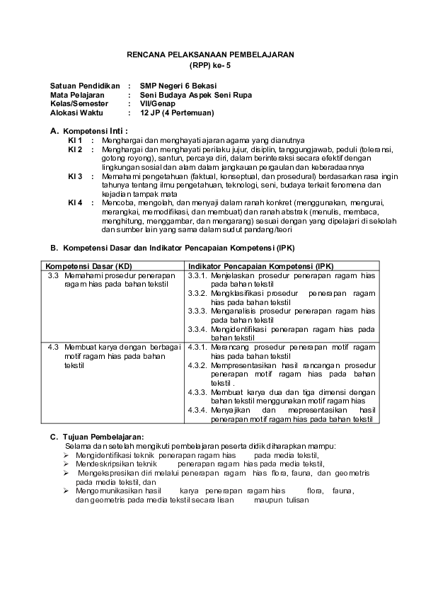 (DOC) RENCANA PELAKSANAAN PEMBELAJARAN (RPP) ke-5 Satuan Pendidikan : SMP Negeri 6 Bekasi Mata ...