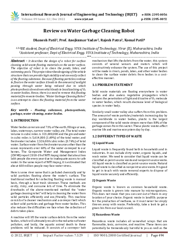 (PDF) Review on Water Garbage Cleaning Robot