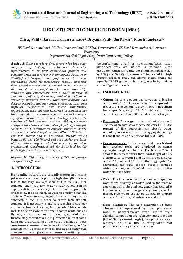 (PDF) HIGH STRENGTH CONCRETE DESIGN (M80
