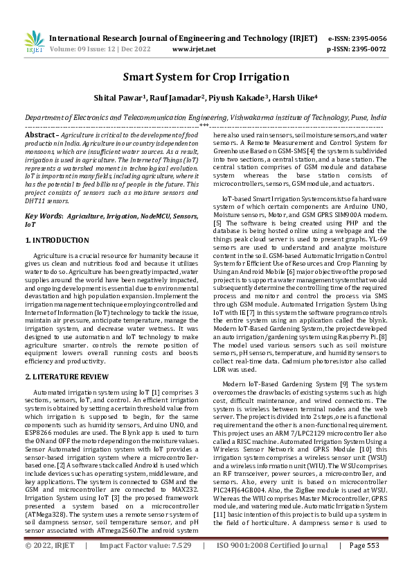 (PDF) Smart System for Crop Irrigation