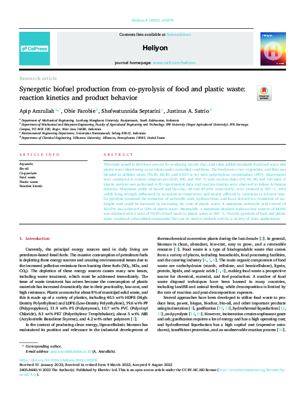 (PDF) Synergetic Biofuel Production from Co-Pyrolysis of Food and ...
