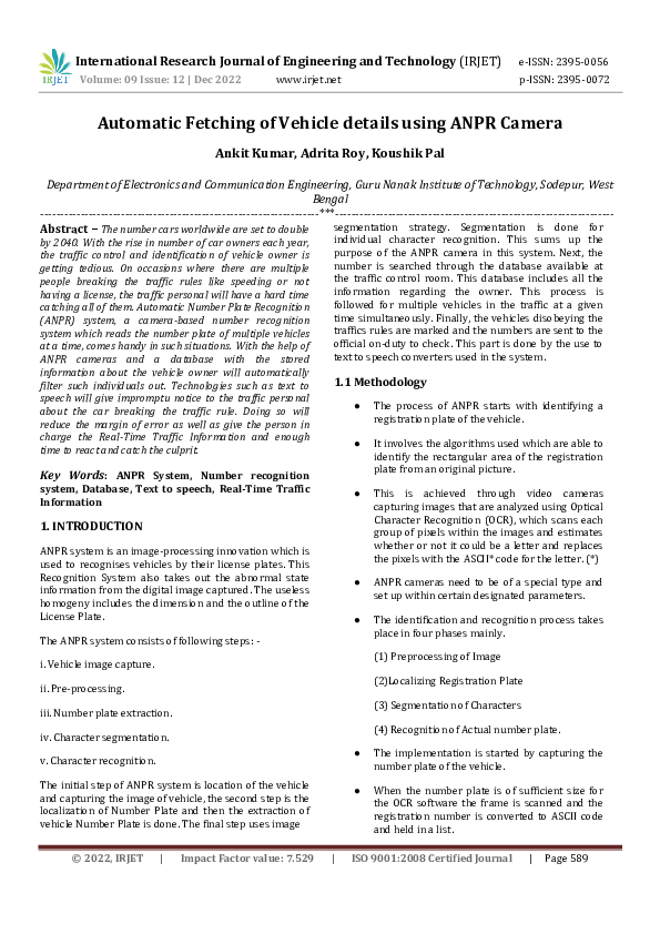 Pdf Automatic Fetching Of Vehicle Details Using Anpr Camera Irjet