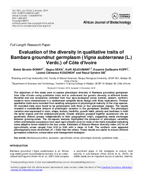 (PDF) Evaluation of the diversity in qualitative traits of Bambara groundnut germplasm (Vigna ...