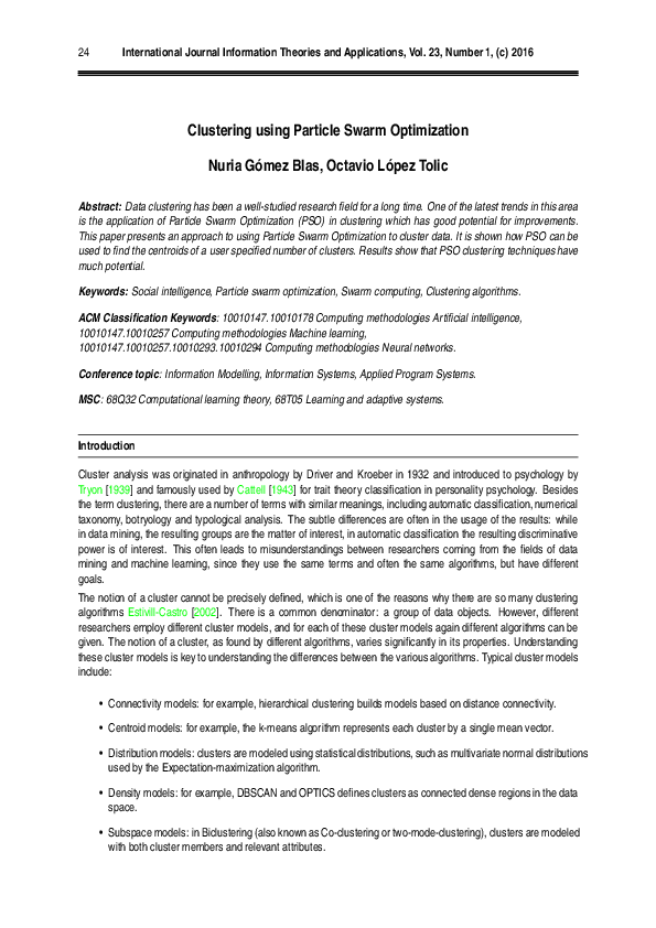 (PDF) Clustering using Particle Swarm Optimization