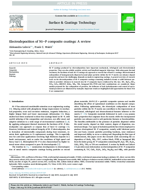 Pdf Electrodeposition Of Ni P Composite Coatings A Review Frank C
