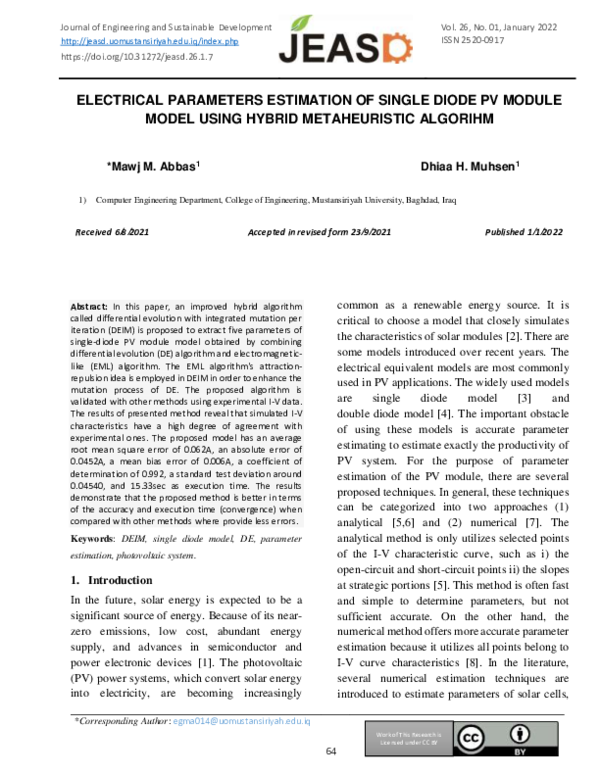 Pdf Electrical Parameters Estimation Of Single Diode Pv Module Model Using Hybrid