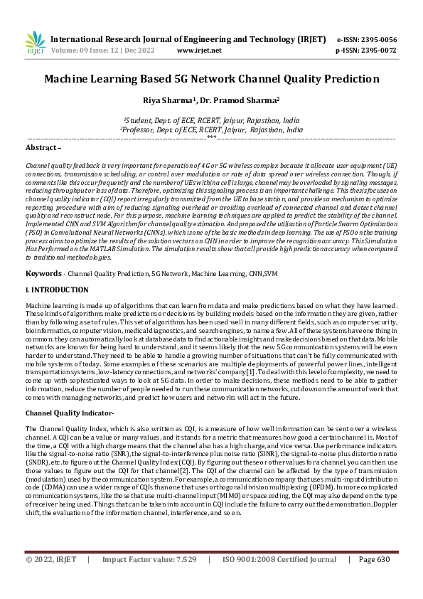 (PDF) Machine Learning Based 5G Network Channel Quality Prediction