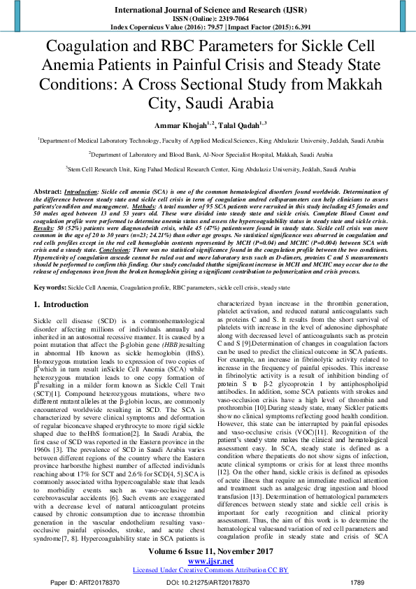 (PDF) Coagulation and RBC Parameters for Sickle Cell Anemia Patients in ...