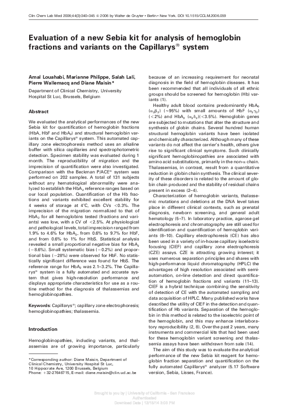 (PDF) Evaluation of a new Sebia kit for analysis of hemoglobin ...