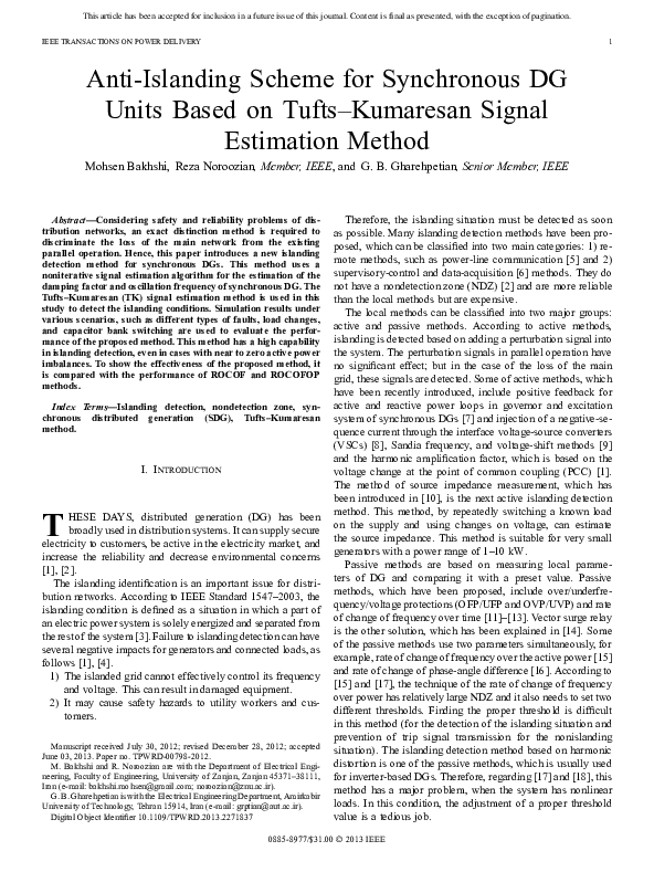 (PDF) Anti-Islanding Scheme for Synchronous DG Units Based on Tufts–Kumaresan Signal Estimation ...