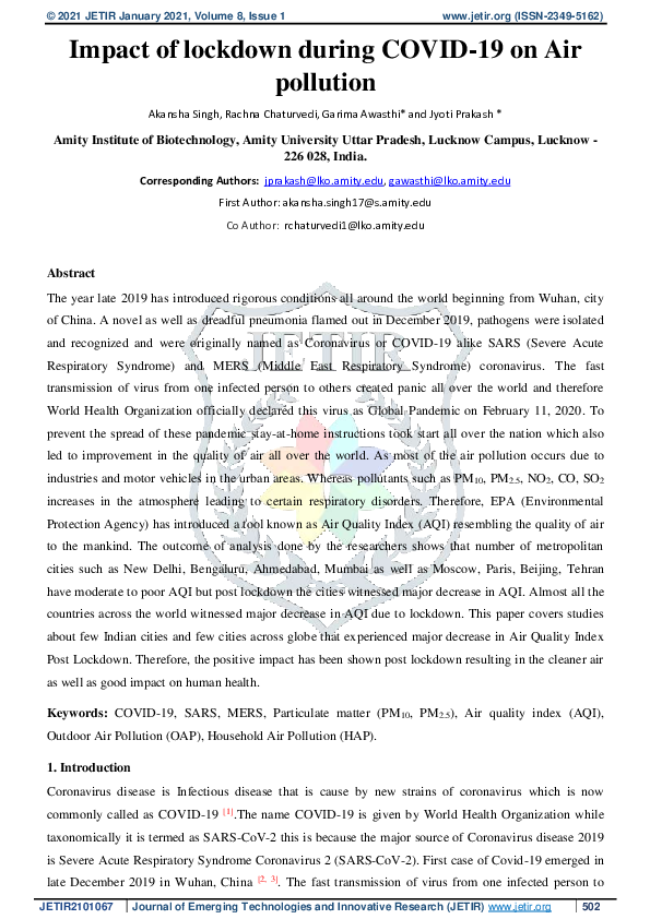 (PDF) Impact of lockdown during COVID-19 on Air pollution