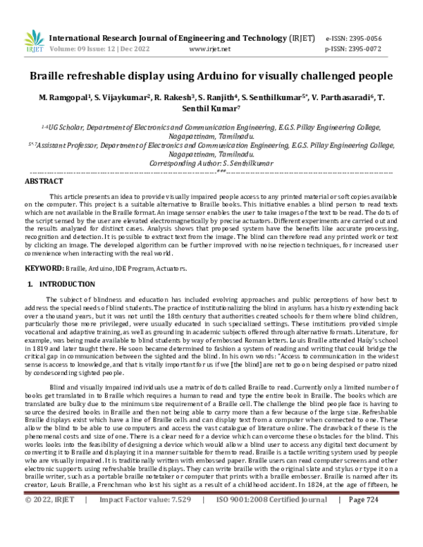 (PDF) Braille refreshable display using Arduino for visually challenged ...