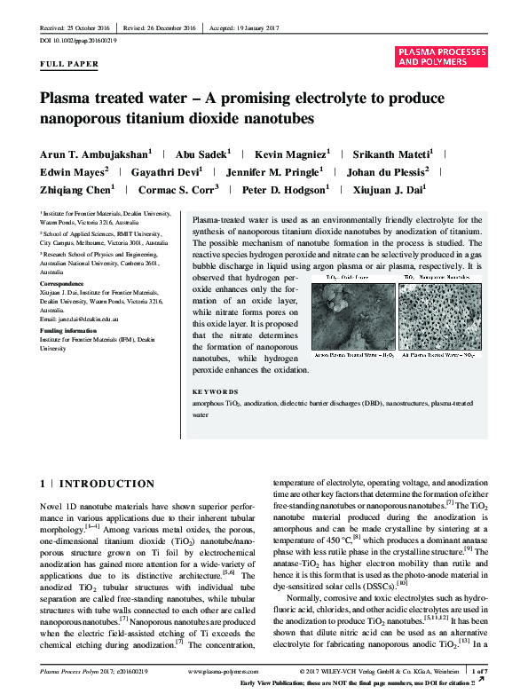 (PDF) Plasma treated water - A promising electrolyte to produce nanoporous titanium dioxide ...