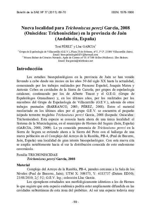 (PDF) Nueva localidad para Trichoniscus perezi Garcia, 2008 (Oniscidea ...