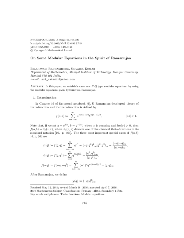(PDF) On Some Modular Equations in the Spirit of Ramanujan