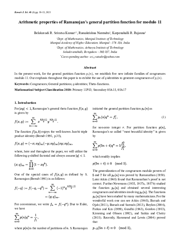 Pdf Arithmetic Properties Of Ramanujans General Partition Function For Modulo 11