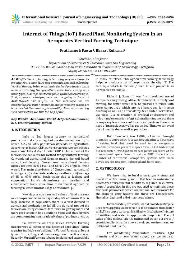 Pdf Internet Of Things Iot Based Plant Monitoring System In An