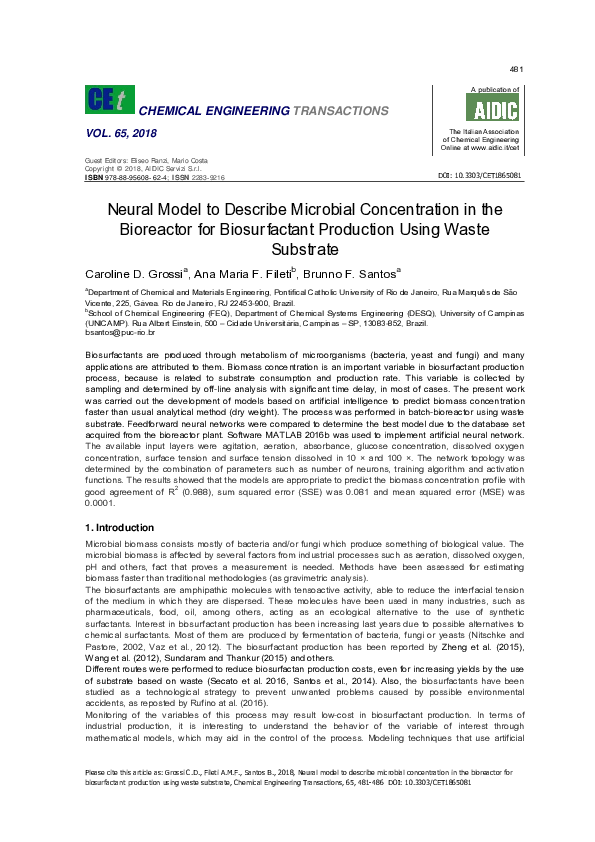 (PDF) Neural Model to Describe Microbial Concentration in the Bioreactor for Biosurfactant ...