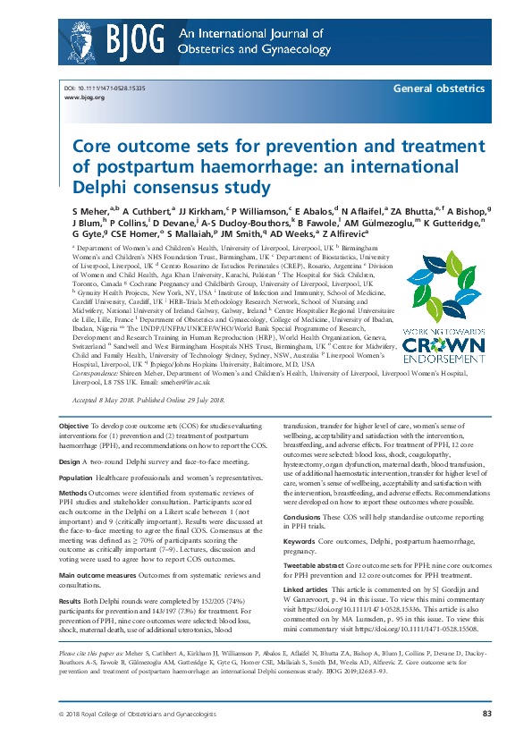 (PDF) Core outcome sets for prevention and treatment of postpartum ...