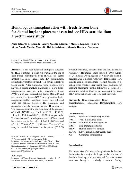 (PDF) Homologous transplantation with fresh frozen bone for dental ...