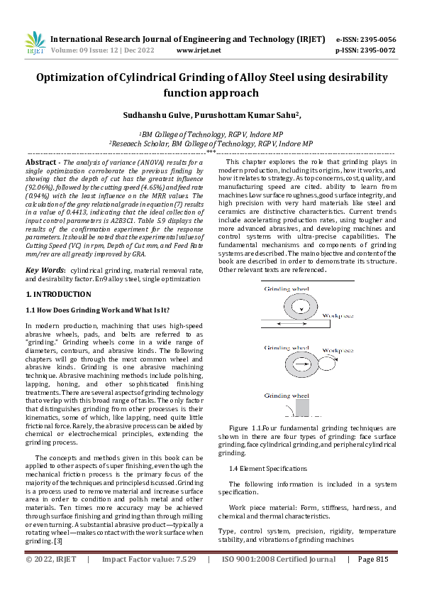 (PDF) Optimization of Cylindrical Grinding of Alloy Steel using ...